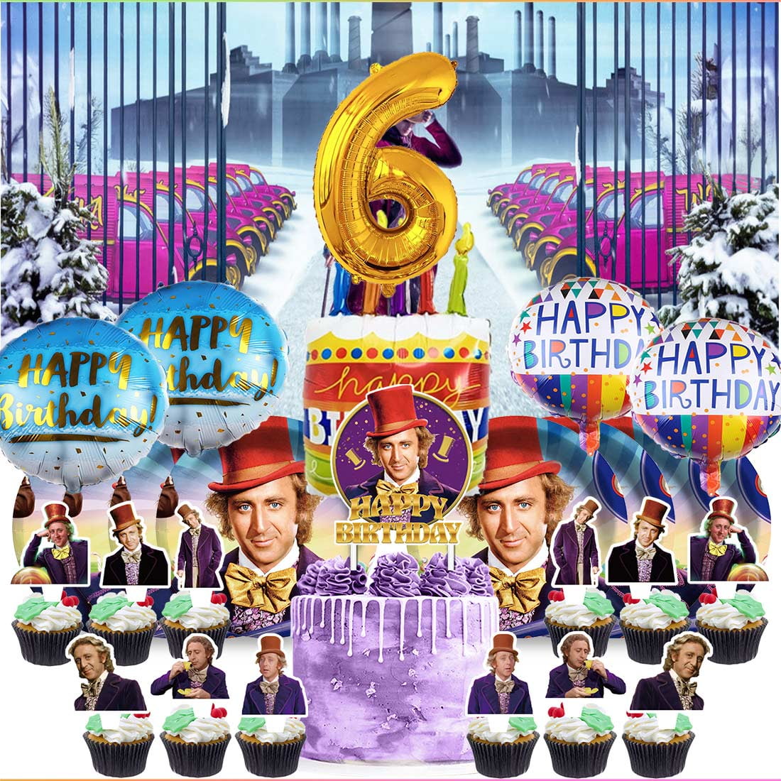 Willy Wonka 6th Tableware Balloons Cake Toppers Backdrop Banner ...