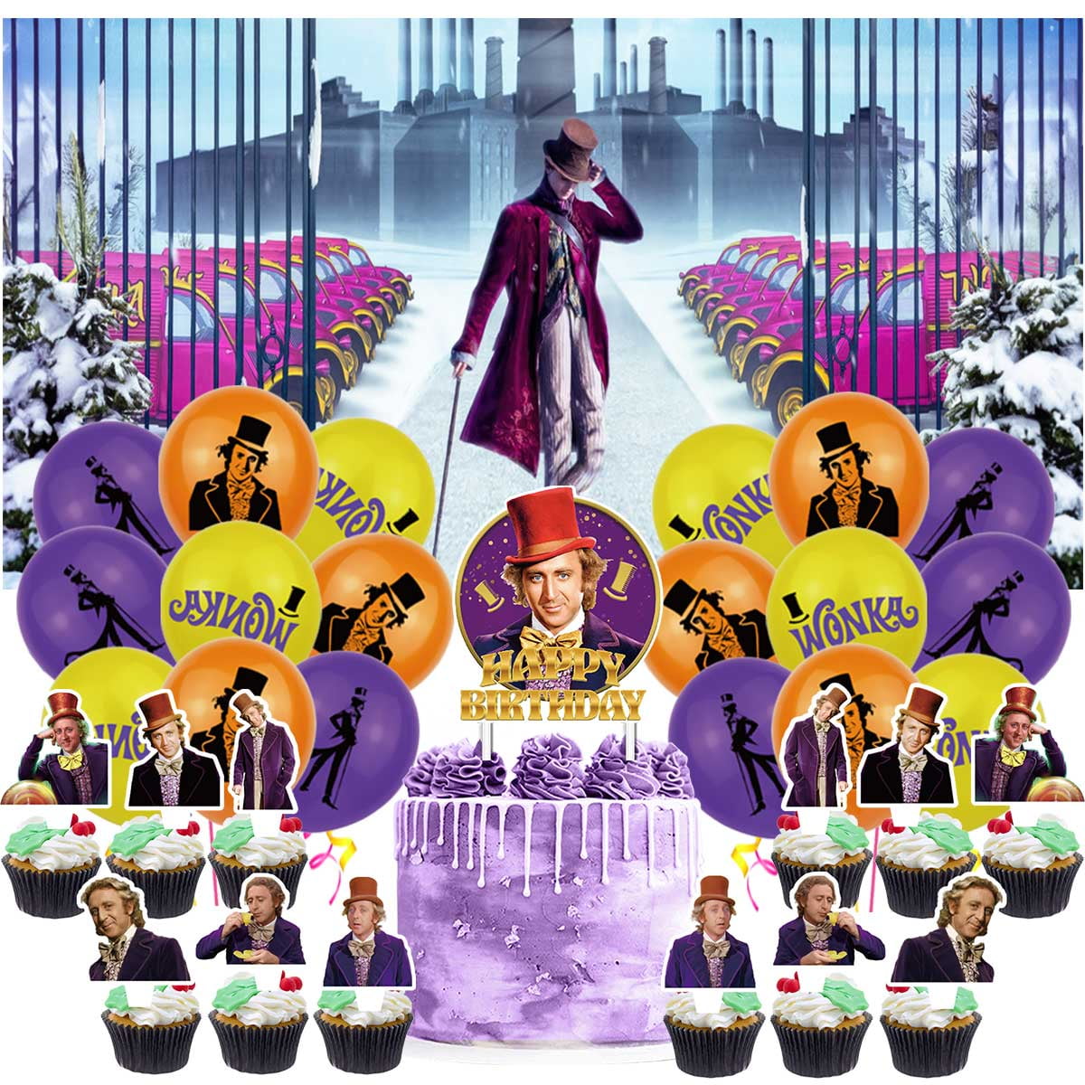 Willy Wonka Party Supplies Decor Birthday Banner Backdrop Cake Topper ...