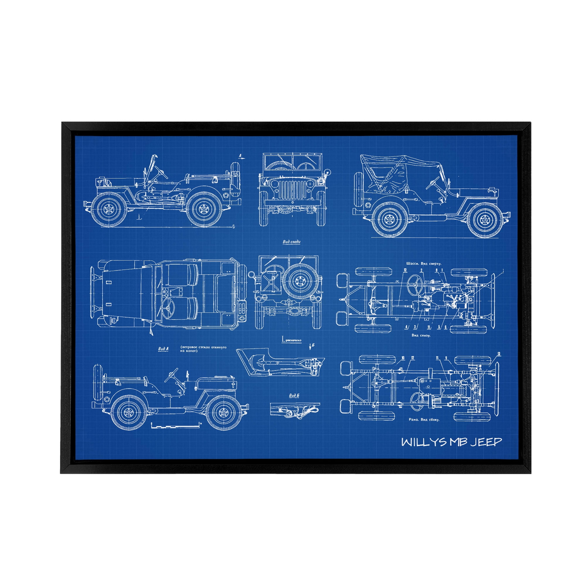 Willys MB US Military Jeep Blueprint Black Framed Canvas Wall Art Print ...