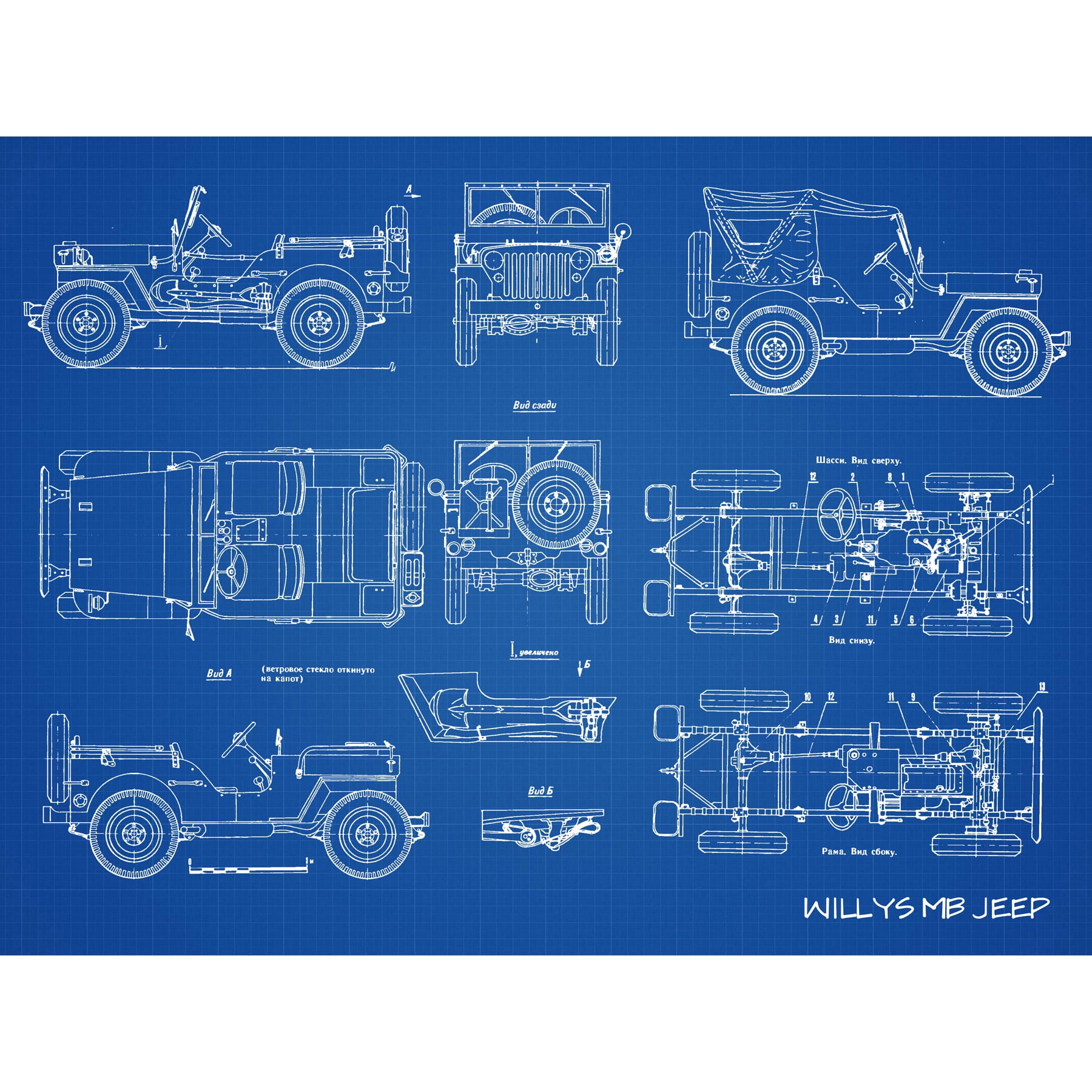 Willys MB US Military Jeep Vehicle Blueprint Plan Extra Large XL Wall ...