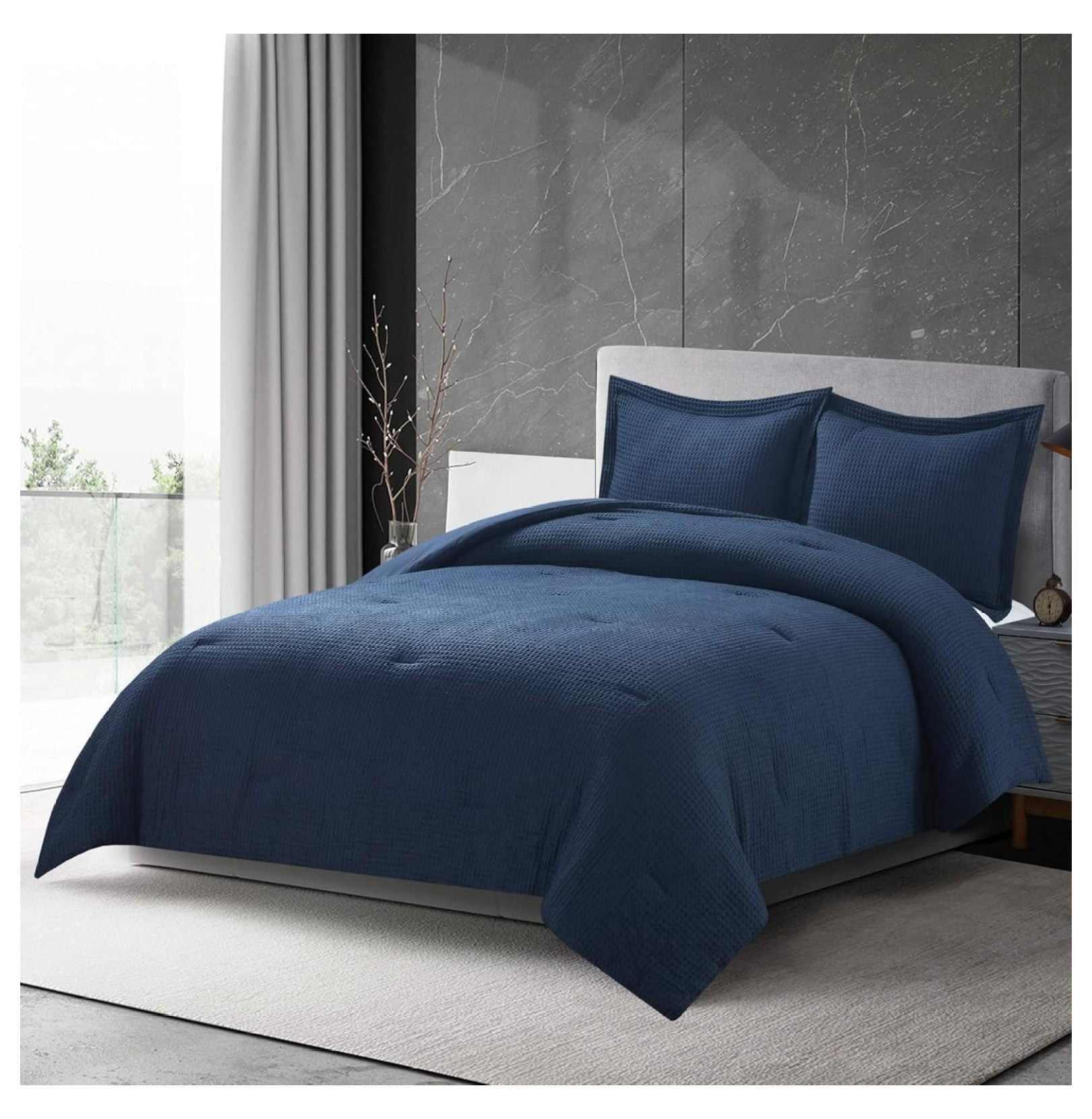 Wilmer 3-Piece Waffle Weave Comforter Set - Soft and Cozy All Season Bedding Set, Queen, Navy ...