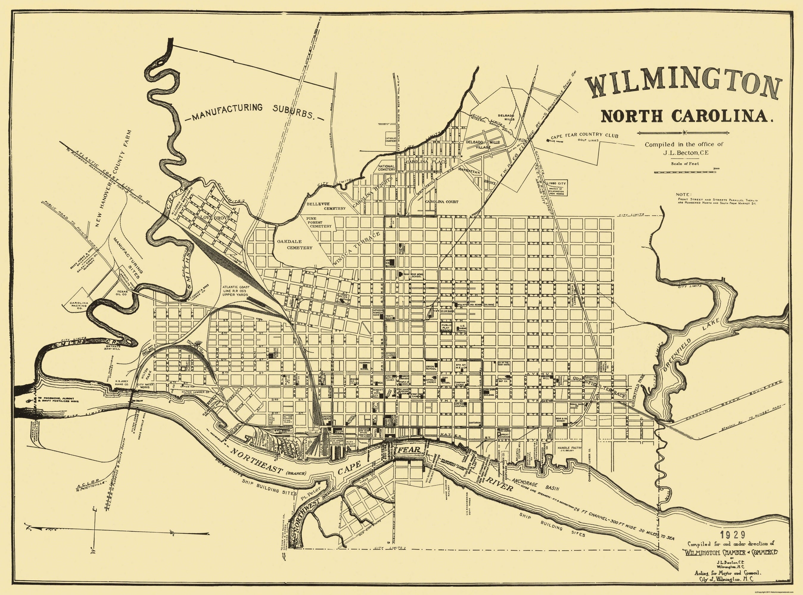 Historic City Map - Wilmington North Carolina - Becton 1929 - 31 x 23 ...