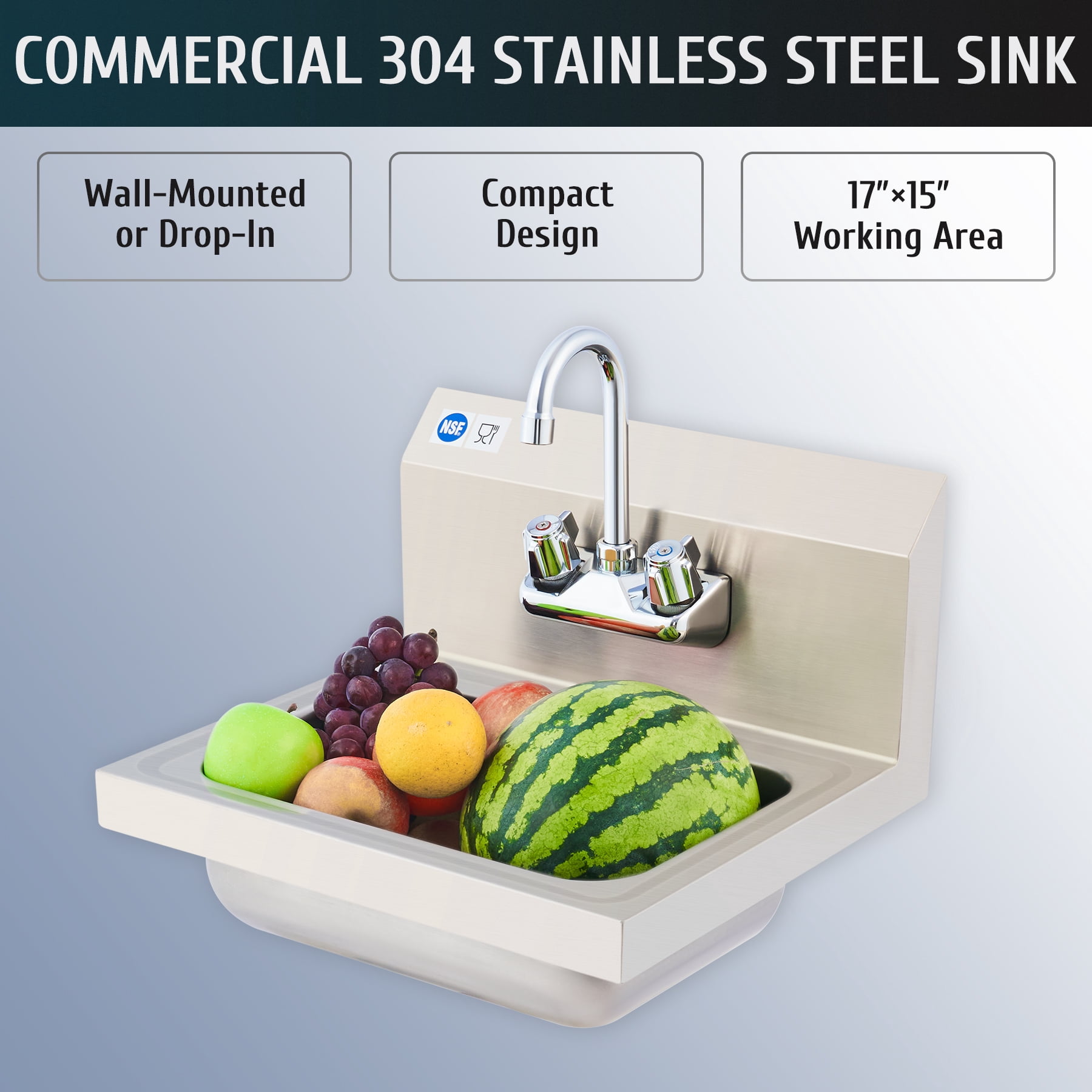 Wilprep NSF Certified 14"x10" Wall Mount Kitchen Sink Faucet for Home ...