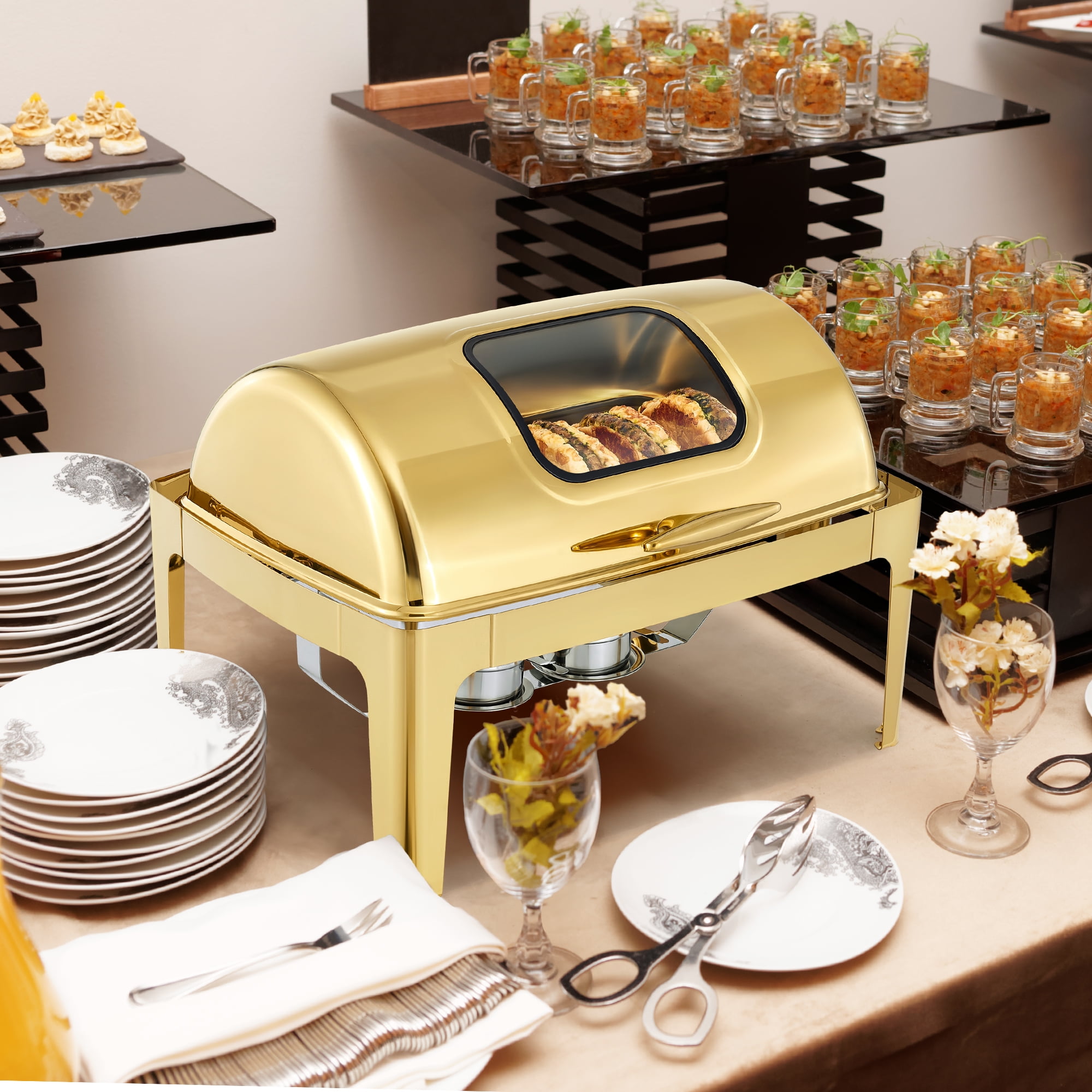 Wilprep Roll Top Chafing Dish Buffet Set 8.4 qt Food Warmer with Full Size Pan Gold - Walmart.com