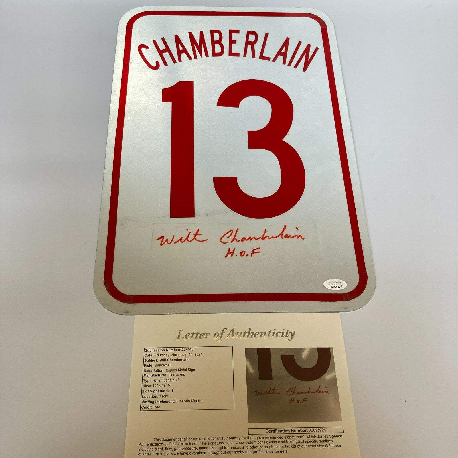 Wilt Chamberlain Hall Of Fame Signed Large 12x18 #13 Metal Sign JSA COA ...