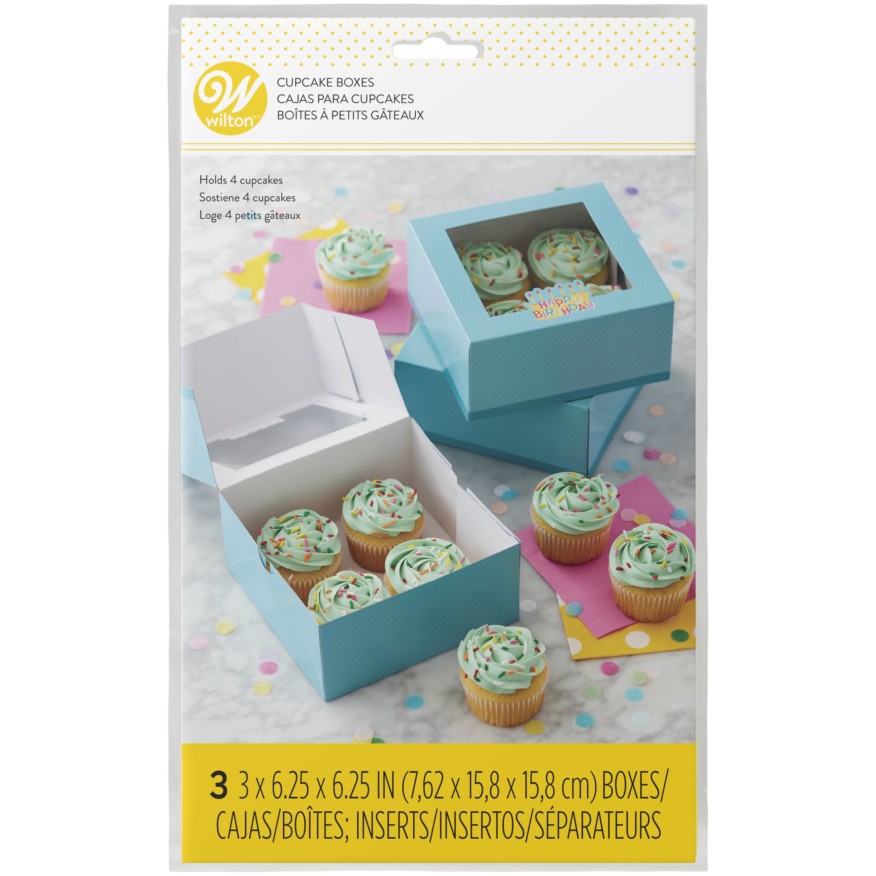 Wilton 6.5 x 6.5 x 3-Inch Teal Happy Birthday Cupcake Treat Boxes with Window, 3-Count - Walmart.com