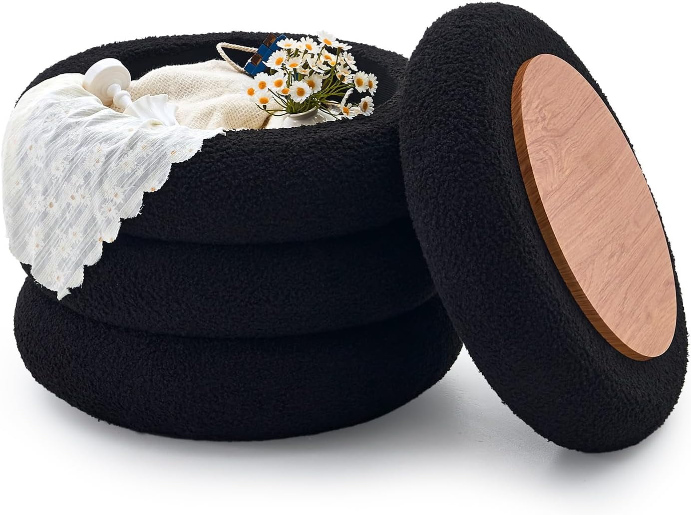 Wimarsbon Round Storage Ottoman, Modern Sherpa Footstool, Teddy Vanity ...