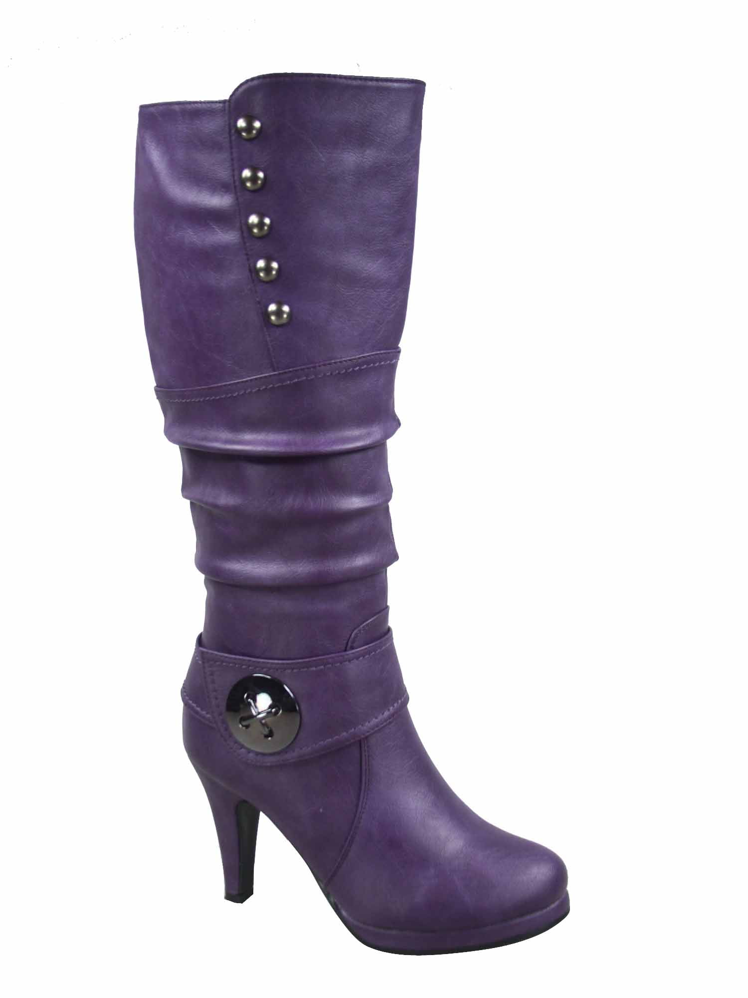 Win-45 Women's Fashion Knee High Round Toe Slouched High Heel Platform ...