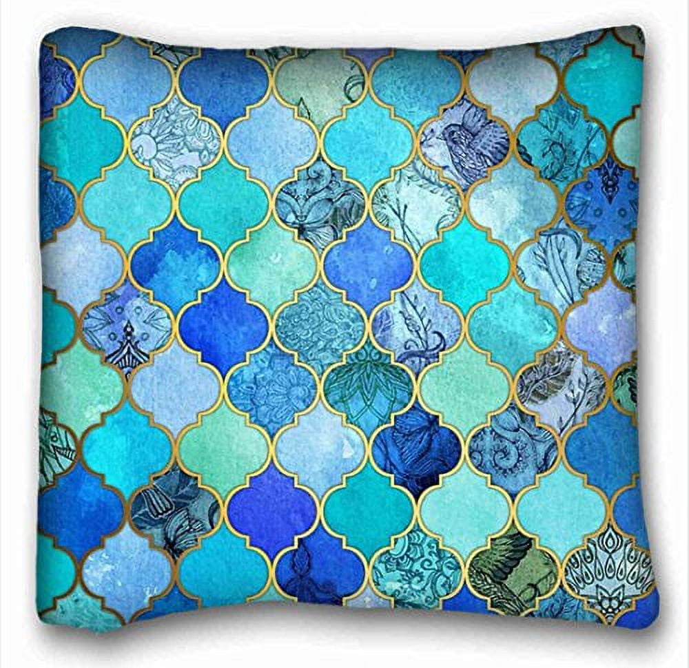 WinHome Cobalt Blue Aqua Gold Moroccan Tile Pattern Throw Pillow Case ...