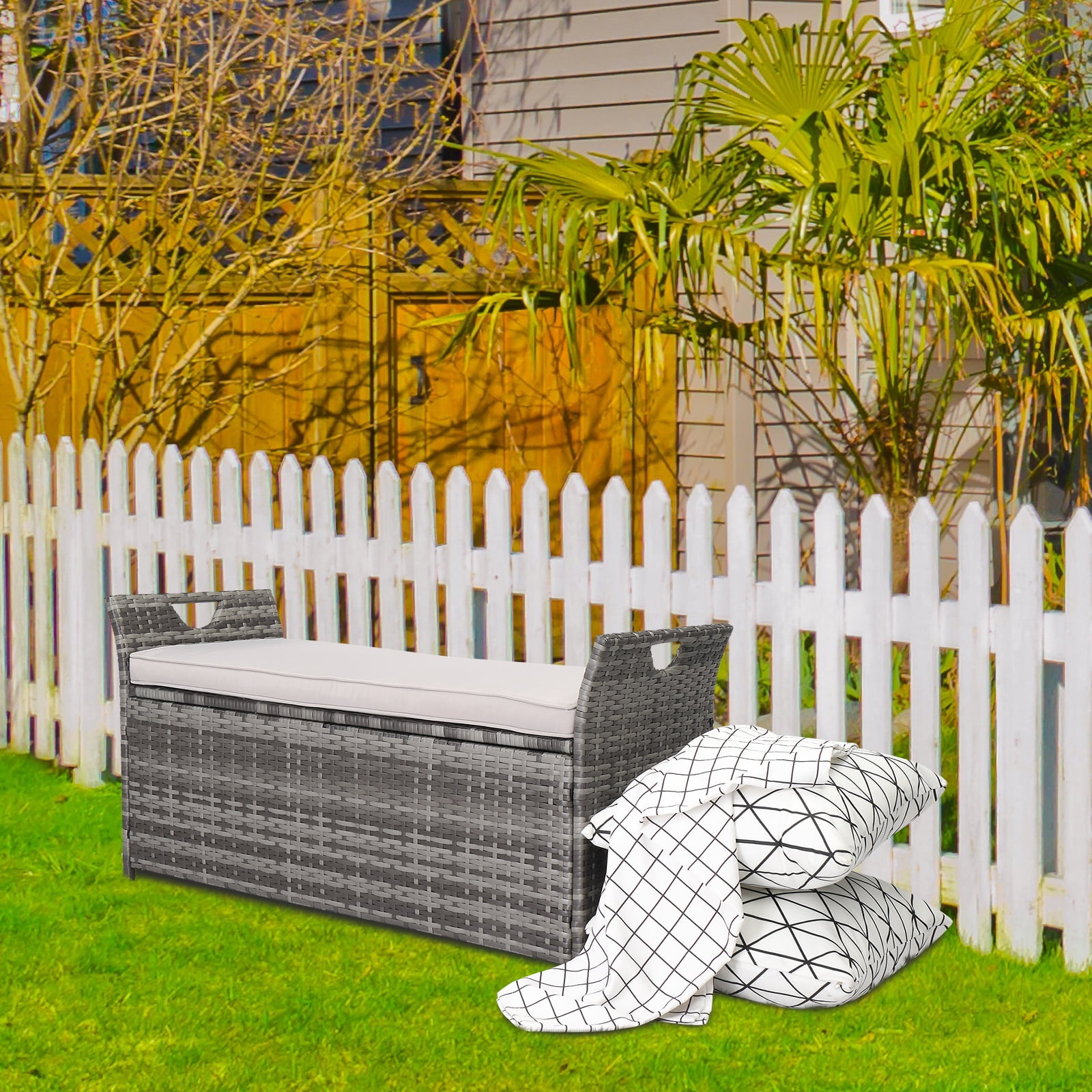 Winado 2-in-1 Wicker Storage Container and Bench for Indoor/Outdoor ...