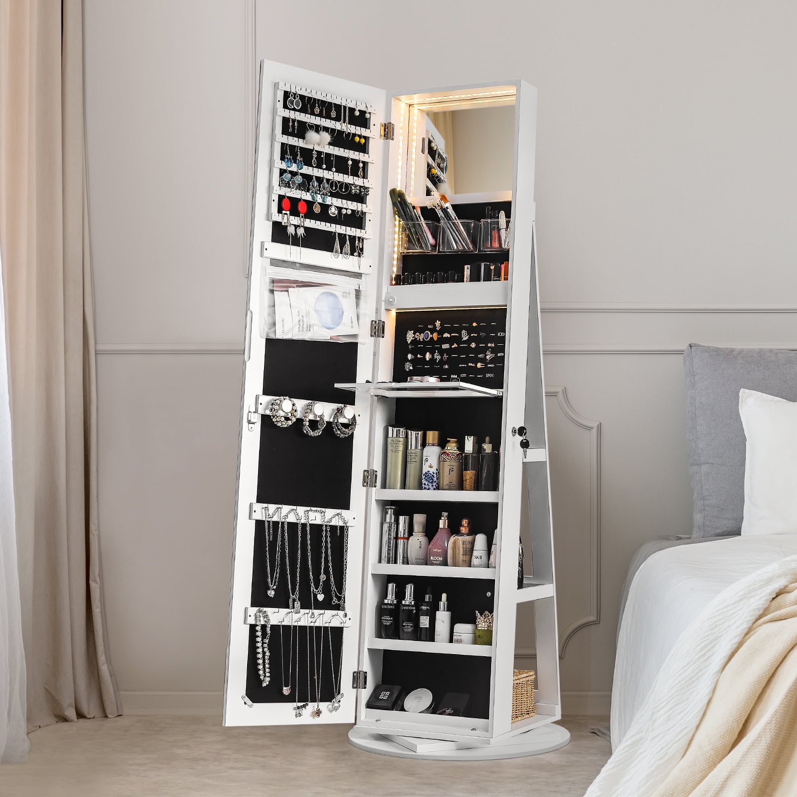 Winado Mirrored Lockable Armoire Jewlery Organizer w/ Storage Shelves ...