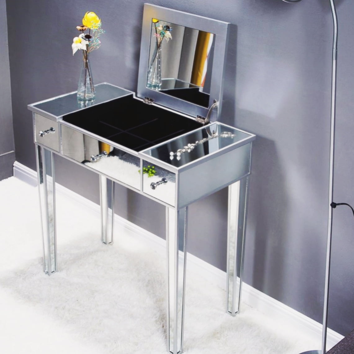Winado Glass Vanity Table with Flip-Top Mirror, Desk Storage, and 3 ...