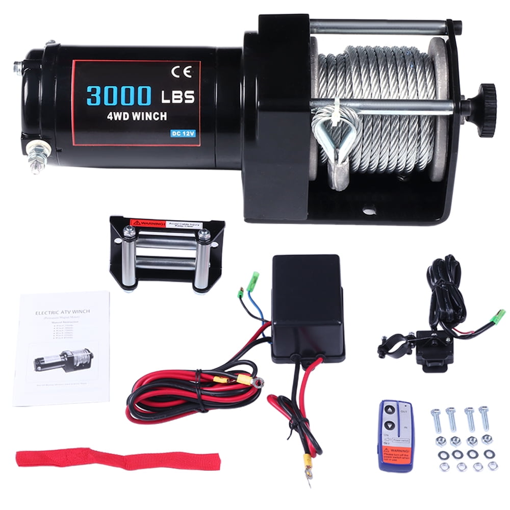 Winches,ECCPP 12V 3000 LBS Electric Winch+4-Way Roller Fairlead+40 feet Steel Cable+Control Box ...