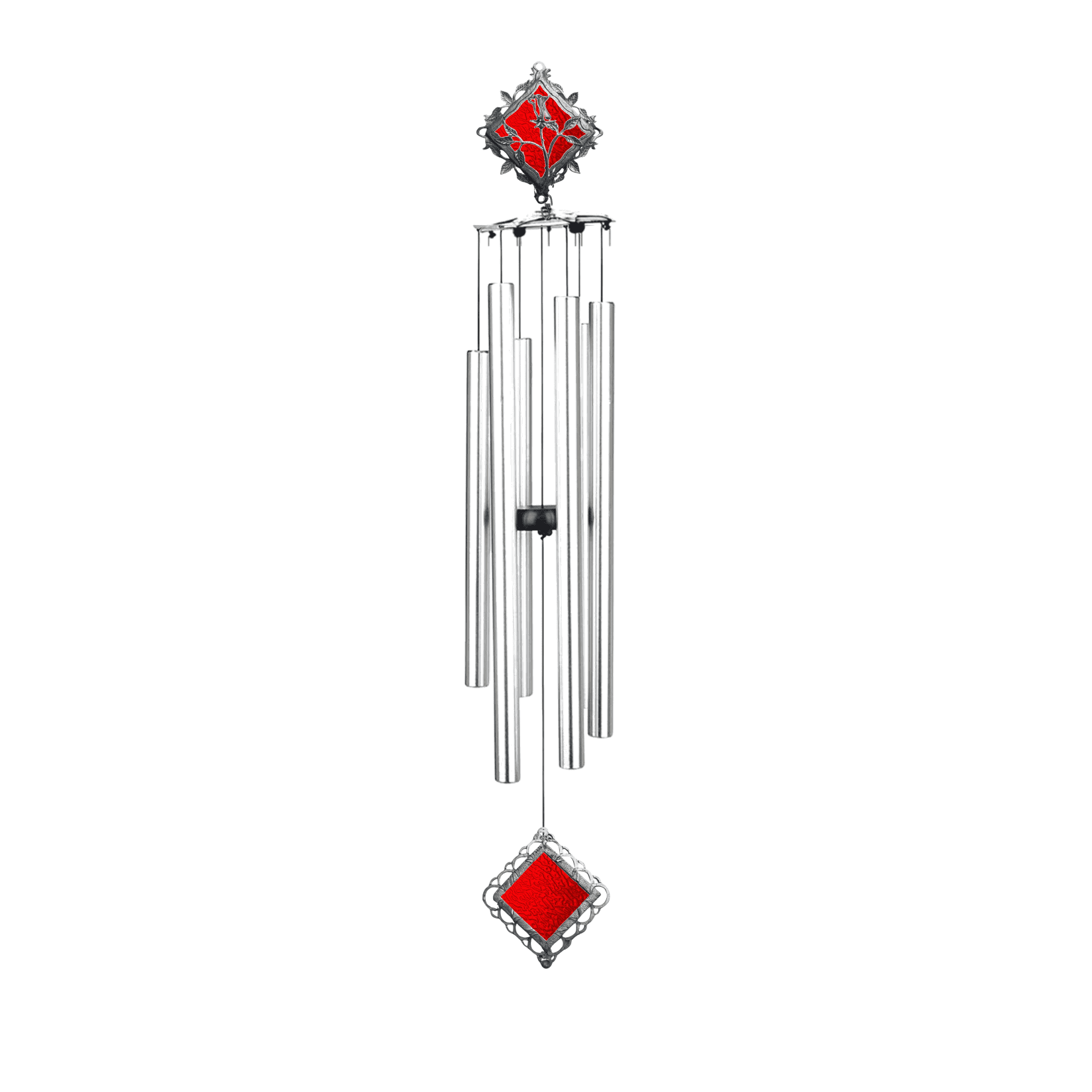 Wind Chime - 36in Stained Glass Glass Rose - Red Glass - Silver Tube ...