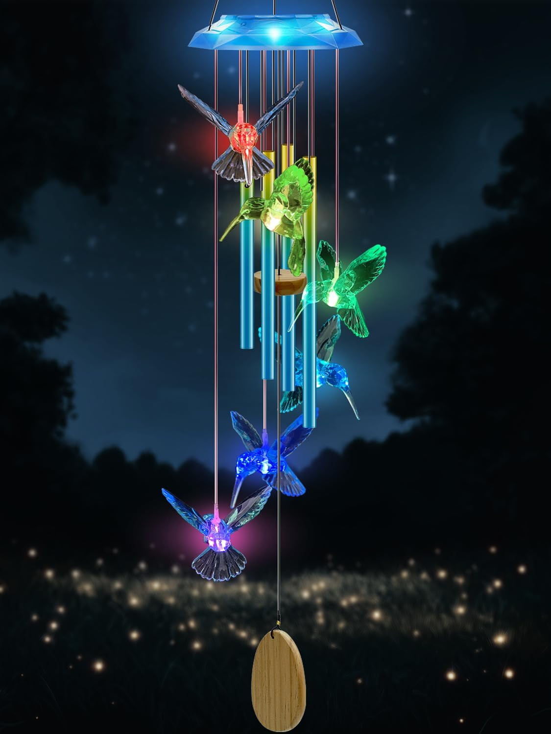 Wind Chime, Hummingbird Solar Outdoor Wind Chime, Green Gradient Aluminum Tube Deep Tone ...