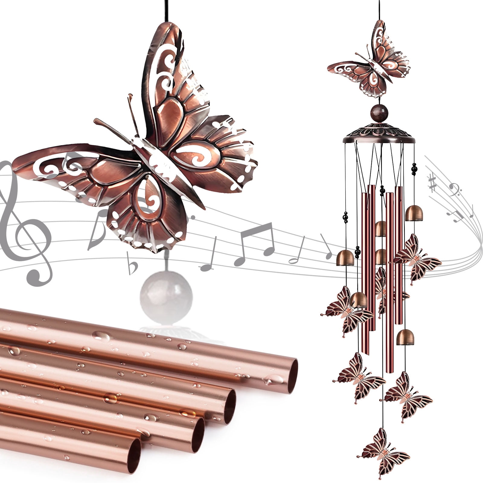 Rirool Butterfly Wind Chimes Outdoor, 6 Butterflies & Bells with Rose ...