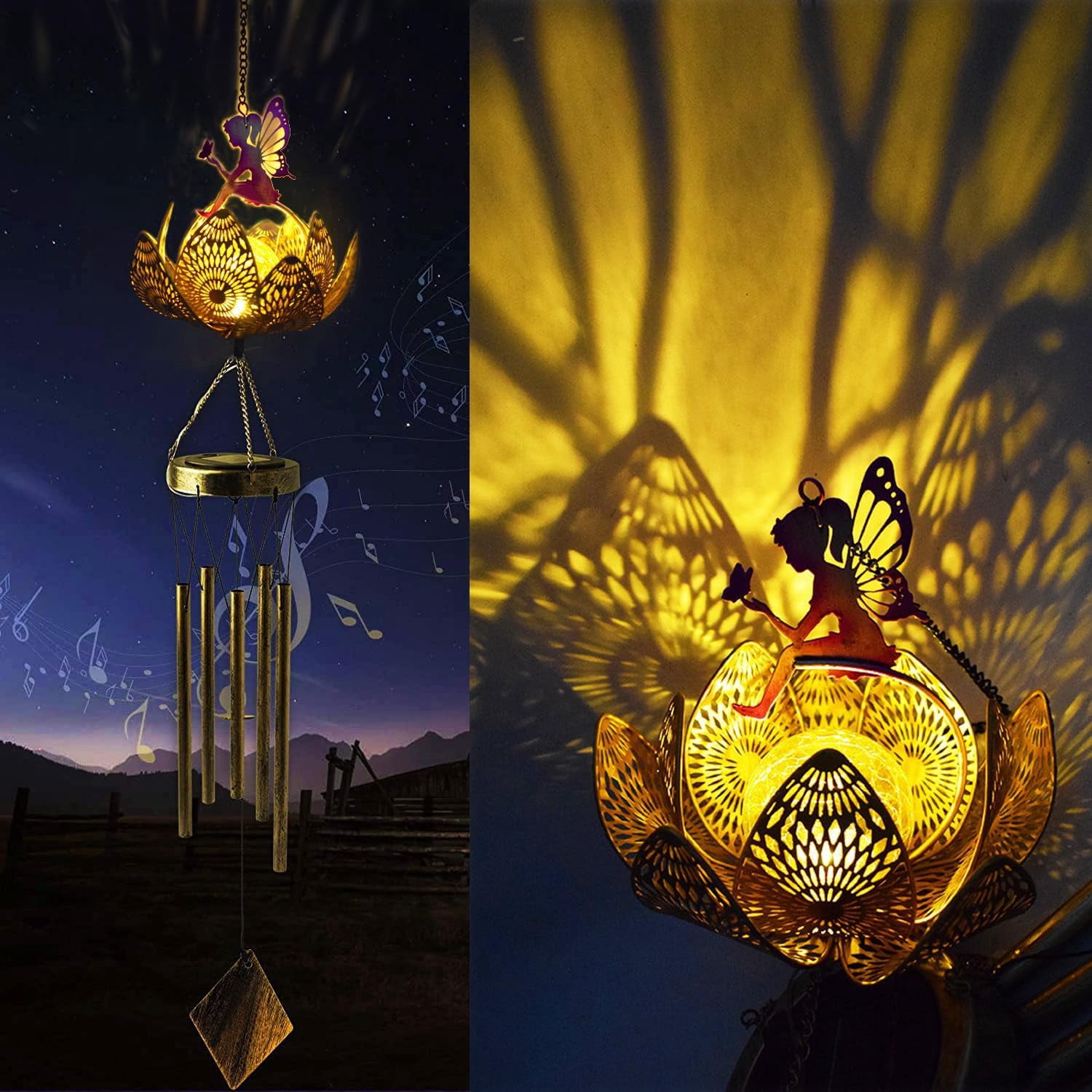 Wind Chimes,Lotus Crackle Glass Ball Solar Wind Chimes with Changing ...
