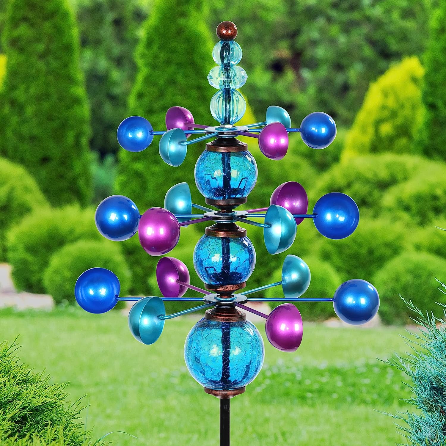 Wind Spinner, 3 Tier Garden Stake with Glass Crackle Balls, Wind ...
