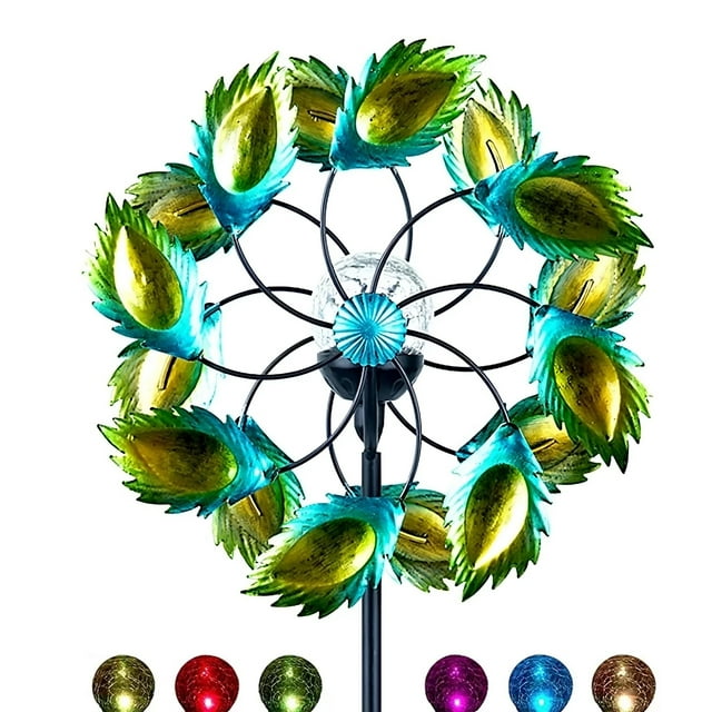 Wind Spinner, Metal Wind Spinners with Solar LED Light, Peacock Feather ...