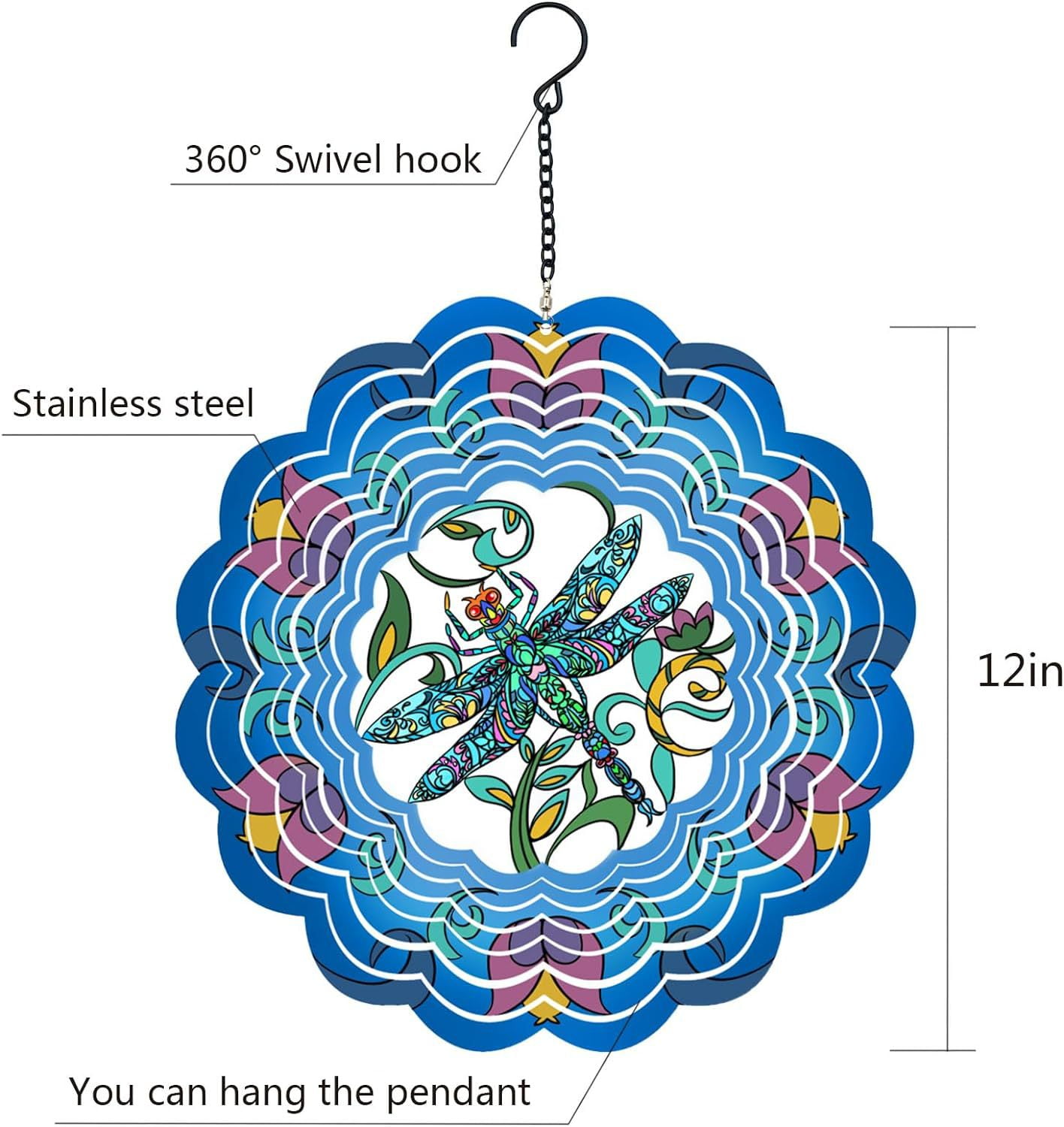 Wind Spinners Dragonfly Gifts for Women/Men 12 inch 3D Stainless Steel ...