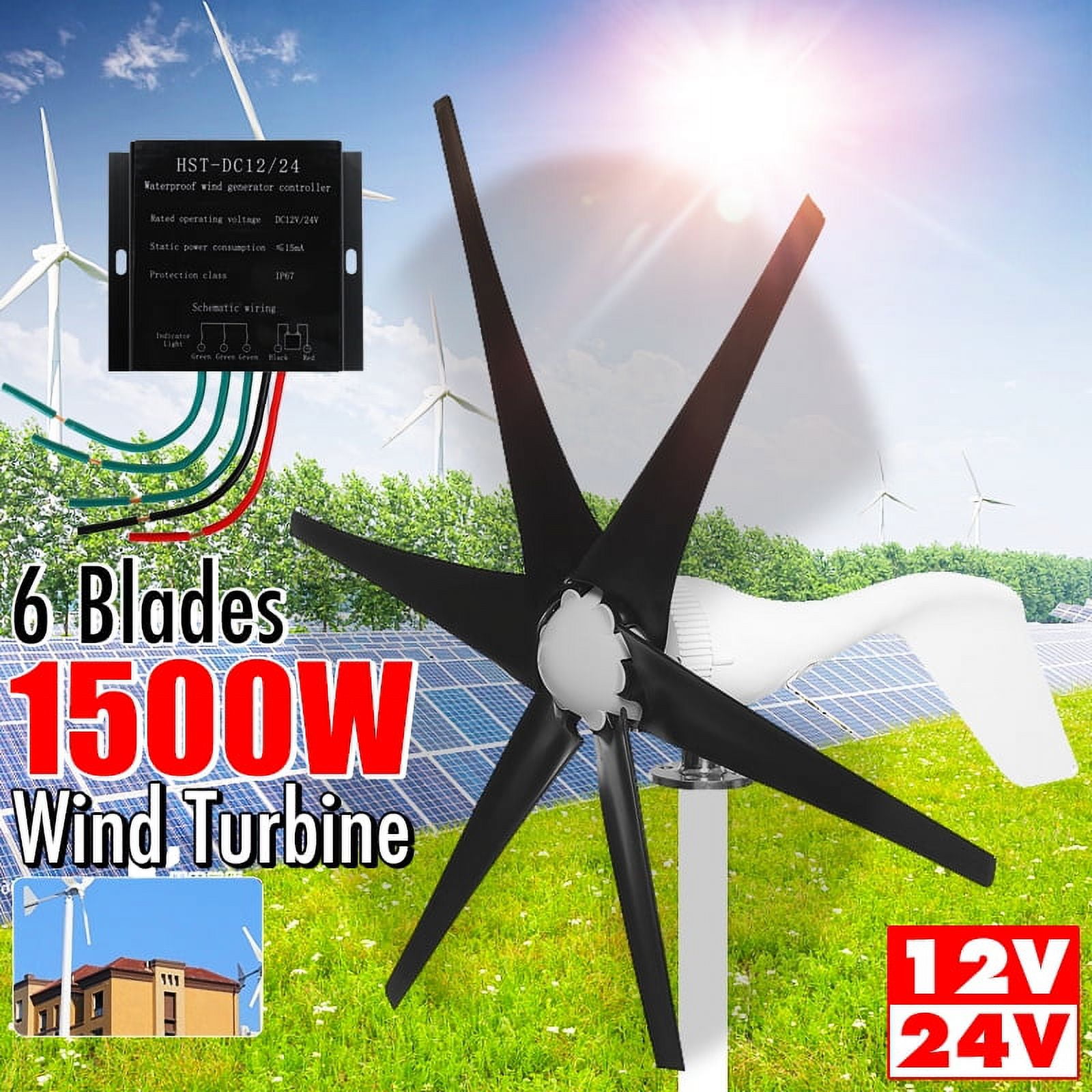 Wind Turbine Generator 1500W DC 12V/24V 6 Black Blades Windmill Strong ...