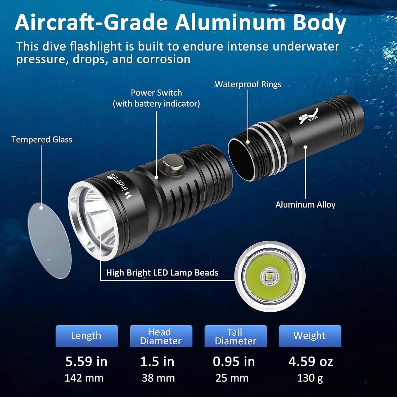 WindFire X1 Dive Light - 210 Feet Underwater Flashlight with Power ...