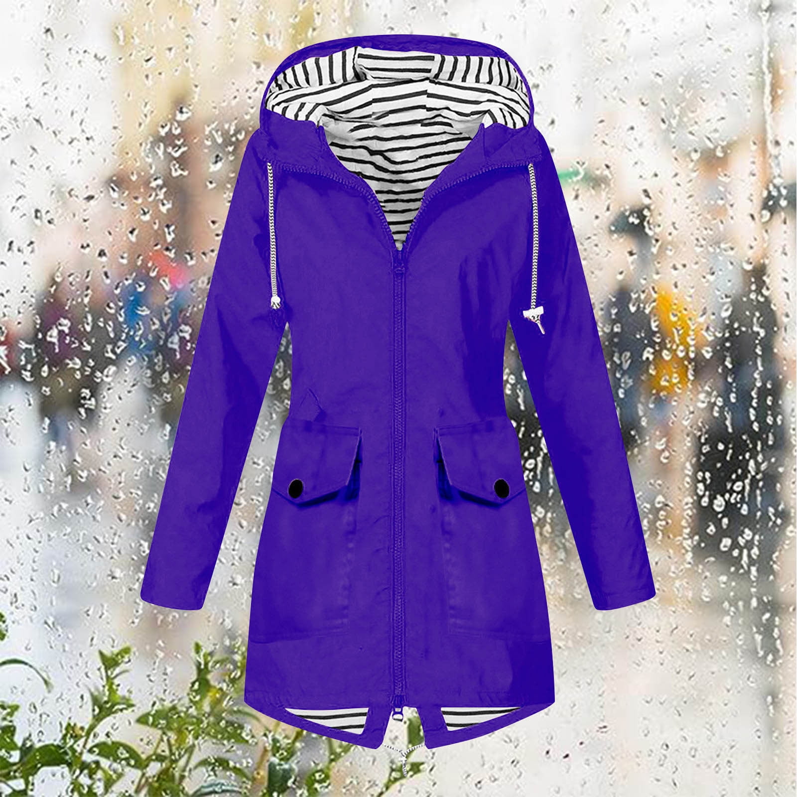 Windbreaker Jacket for Women Solid Color Rain Jacket Outdoor Hooded ...