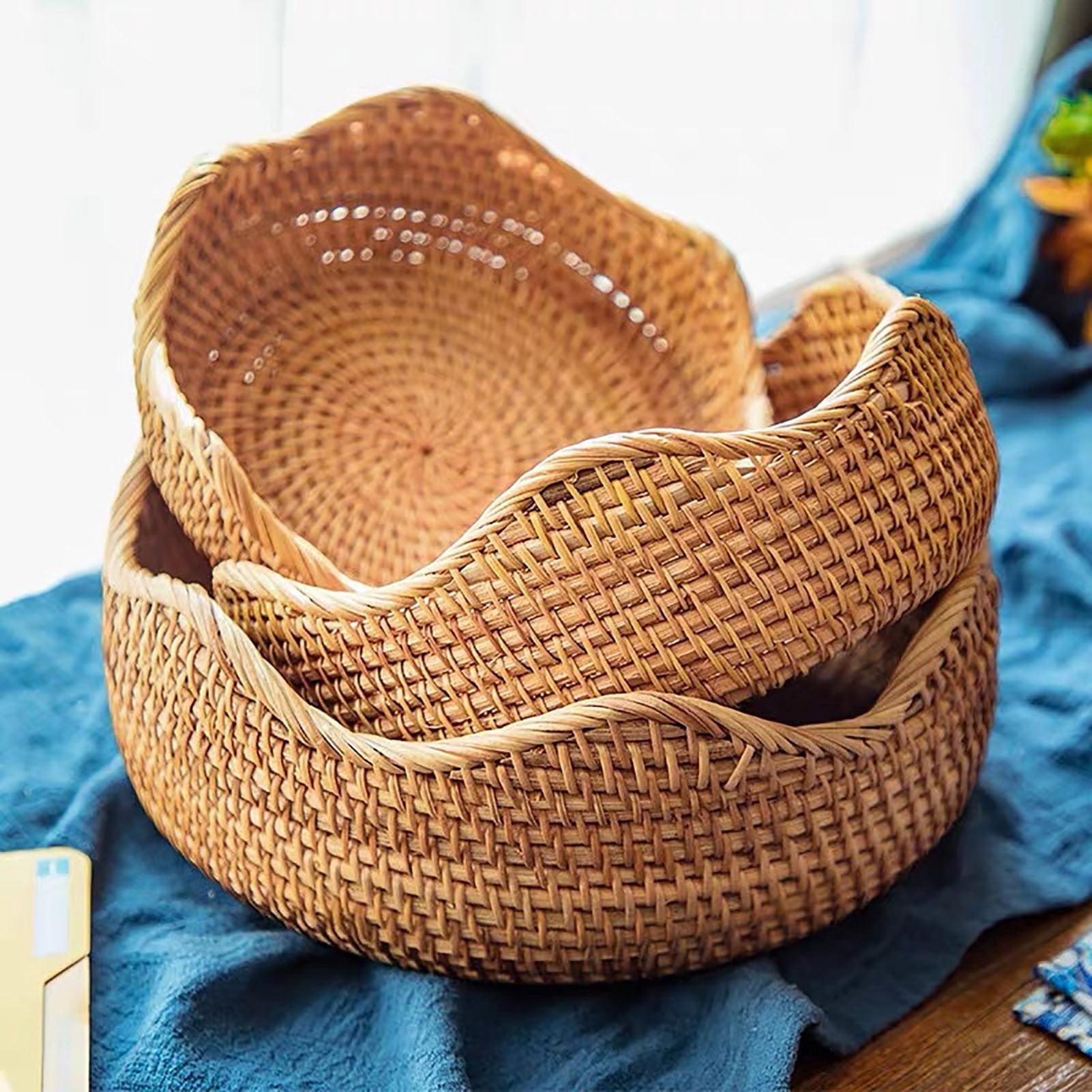 Windfall Bamboo Wicker Display Bowl Hand Woven Shallow Fruit Food Bread ...