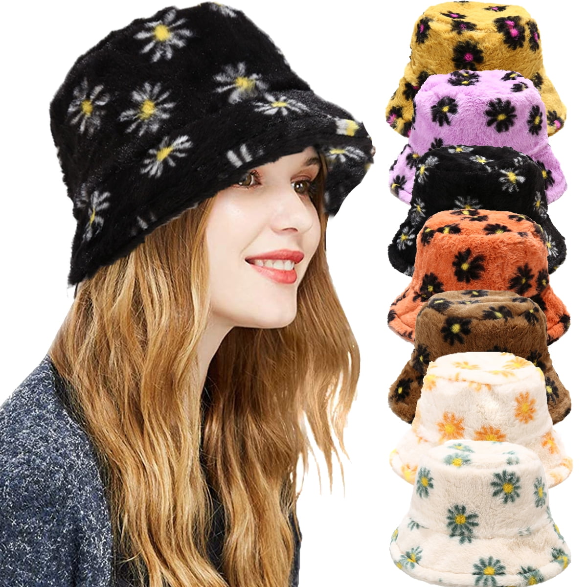 Windfall Winter Bucket Hat Daisy Furry Fisherman Hats for Women Plush ...