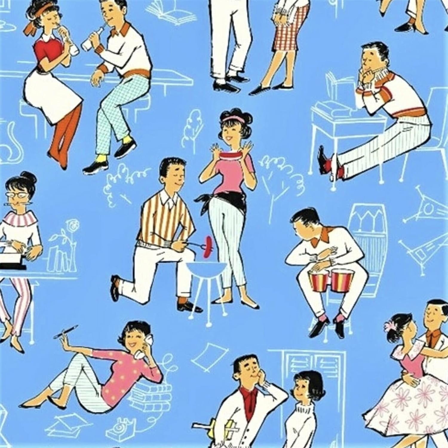 Windham Fabrics Going Steady Retro 50s Dating Blue 100% Cotton Fabric ...