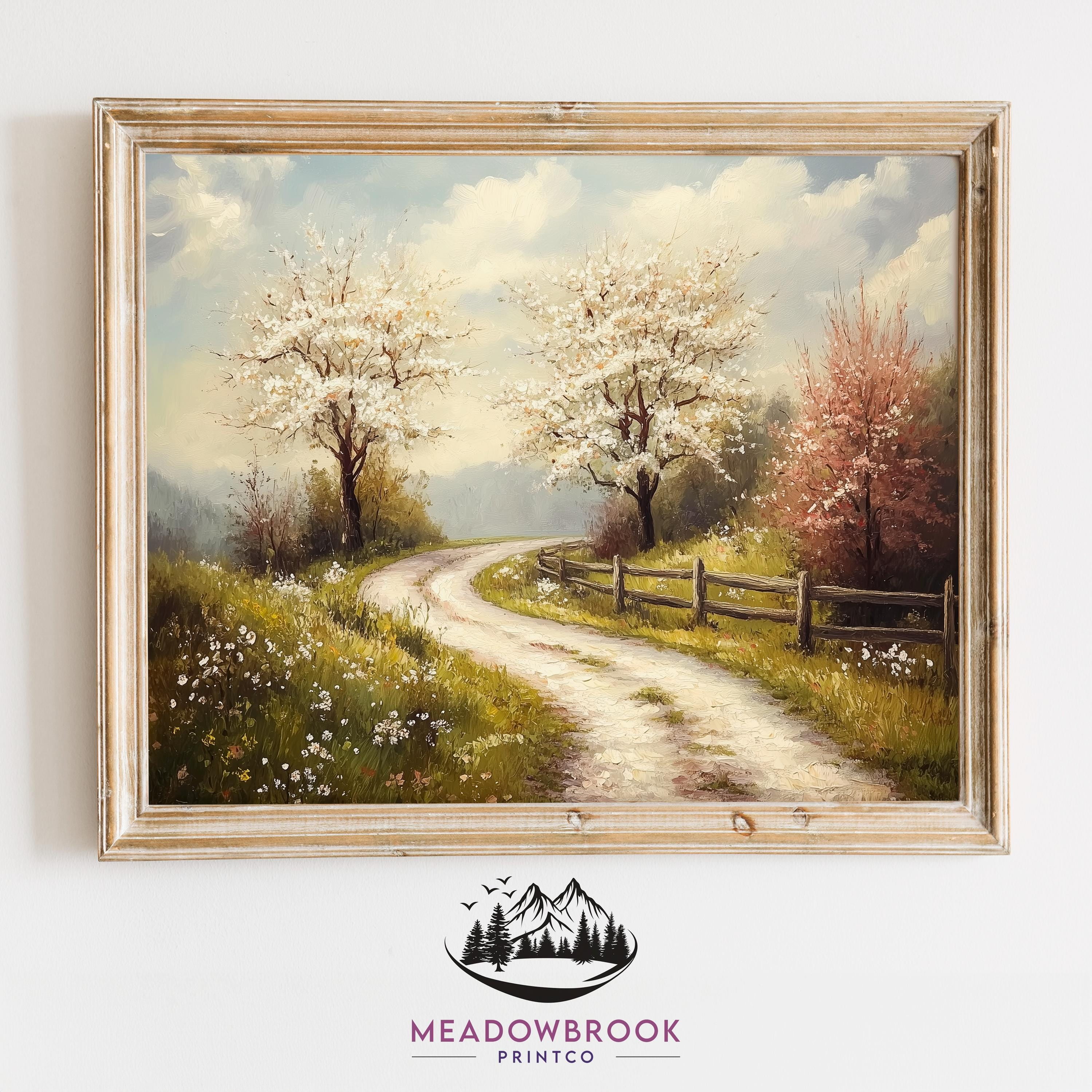Winding Country Road In Spring Print, Vintage Landscape , Rustic ...