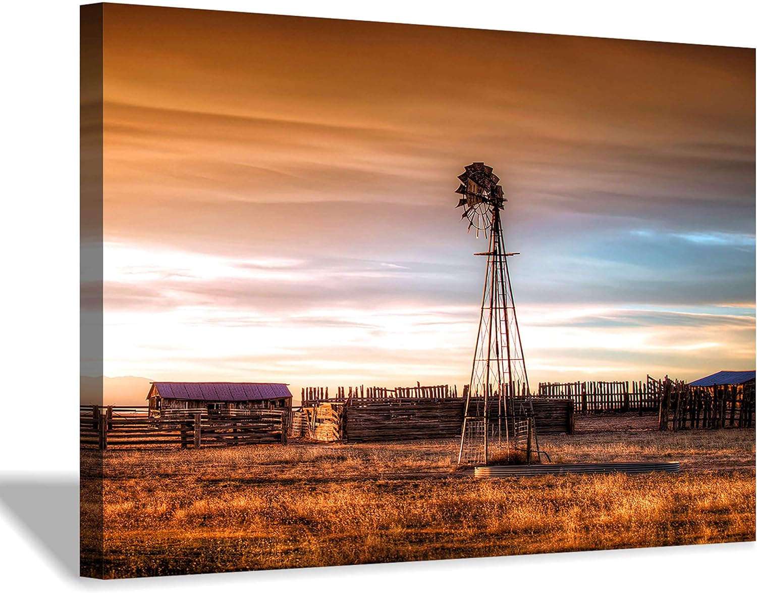 Windmill Artwork Rustic Landscape Picture: Farmhouse Painting Wall Art ...
