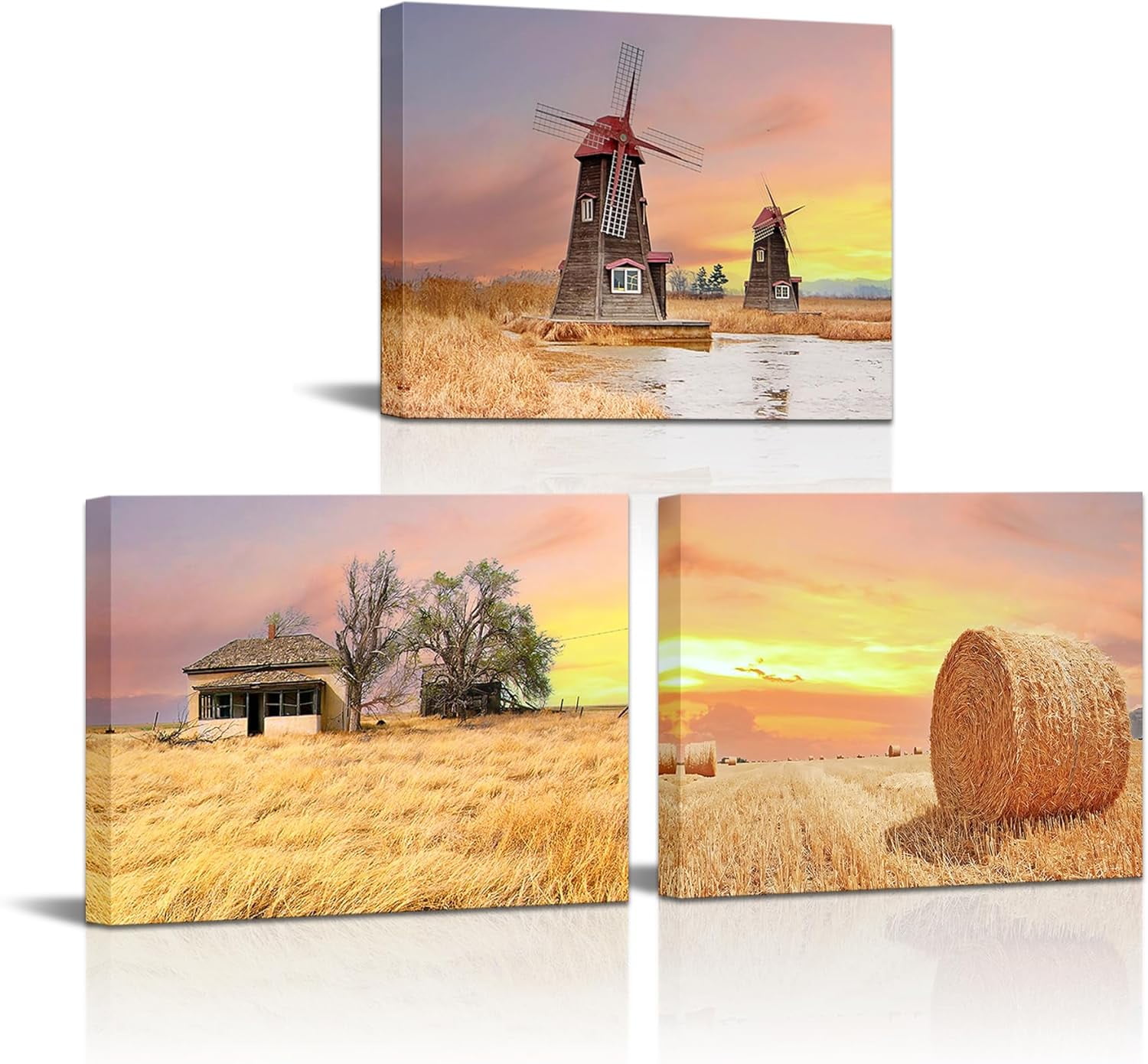Windmill Barn Straw Bales Canvas Wall Art, Rustic Barn Windmill Wheat ...