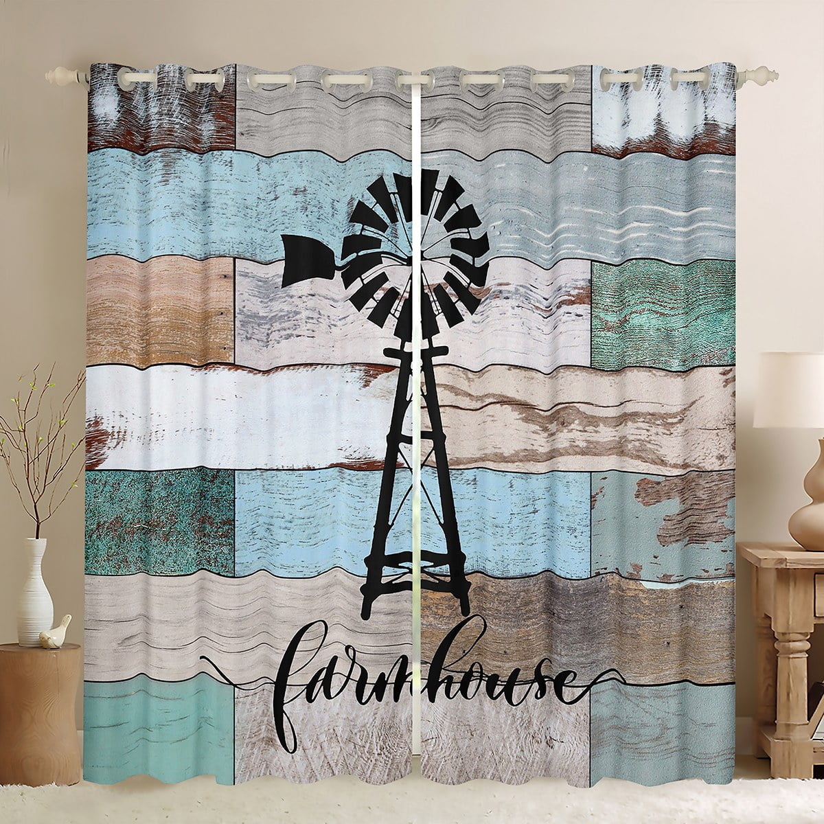 Windmill Curtains, Rustic Farmhouse Curtains & Drapes Cabin Room Decor ...
