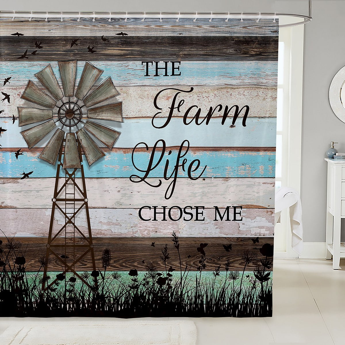 Windmill Decor Bath Curtain , Rustic Farmhouse Waterproof Shower ...