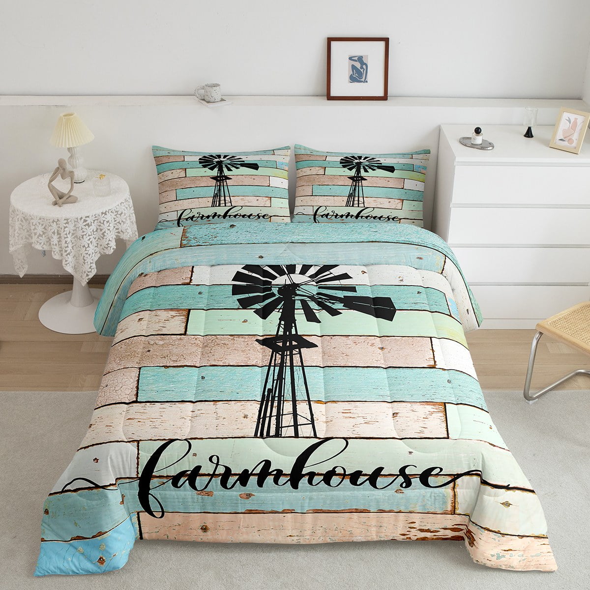 Windmill Decor Bedding Set Twin Size, Rustic Farmhouse Cabin Comforter ...