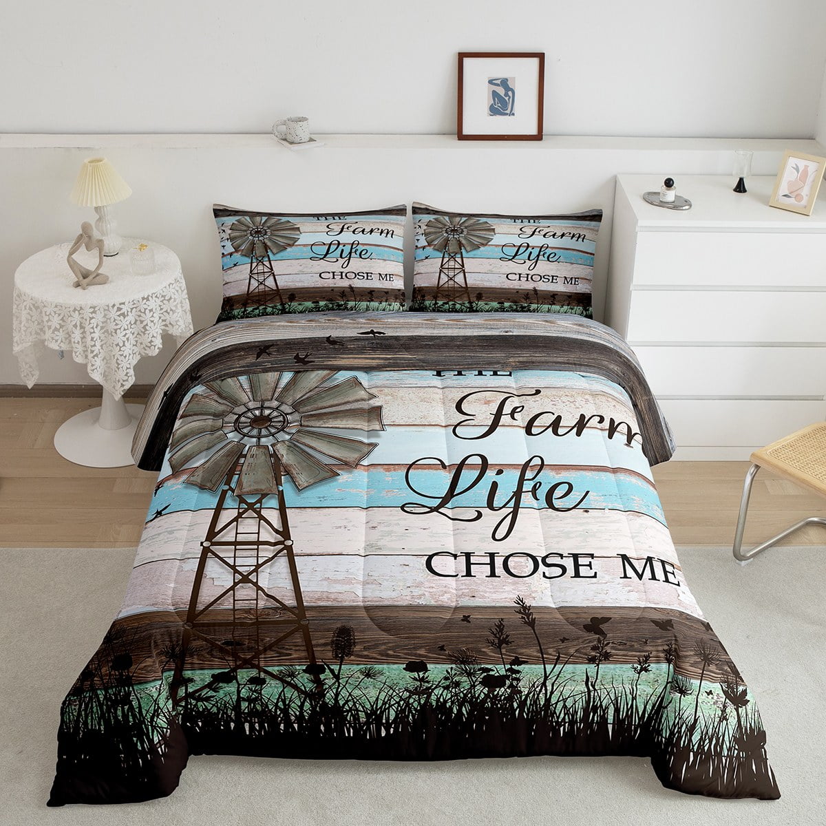 Windmill Decor Comforter Set, Rustic Farmhouse Style Bedding Set Queen ...