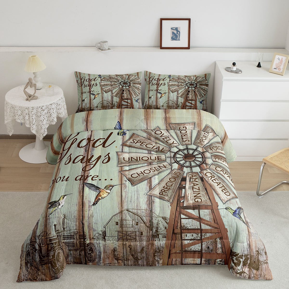 Windmill Decor Comforter Set, Retro Cabin Lodge Bedding Set Full Size ...