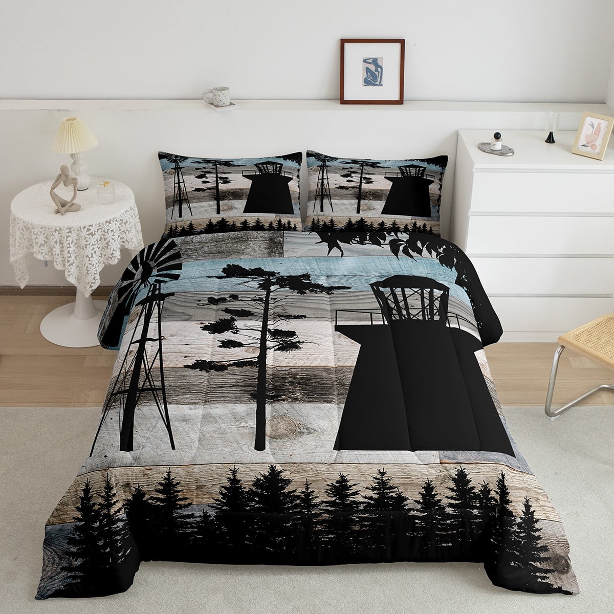 Windmill Decor Comforter Set Lookout Tower Farm Bedding Set,Pinwheel ...
