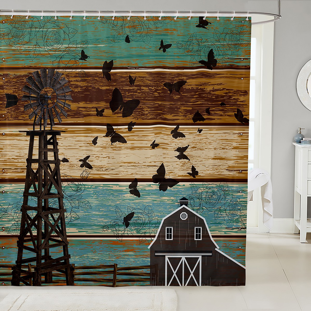 Windmill Decor Farmhouse Bath Curtain Pinwheel Winnow Butterfly Farm ...