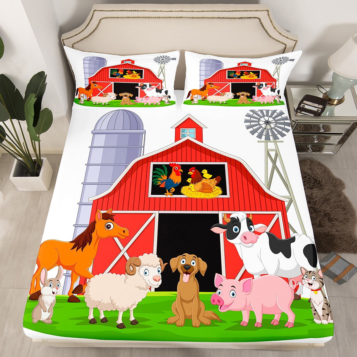 Windmill Decor Farmhouse Bed Sheets Farm Animals Bedding Set Lodge ...