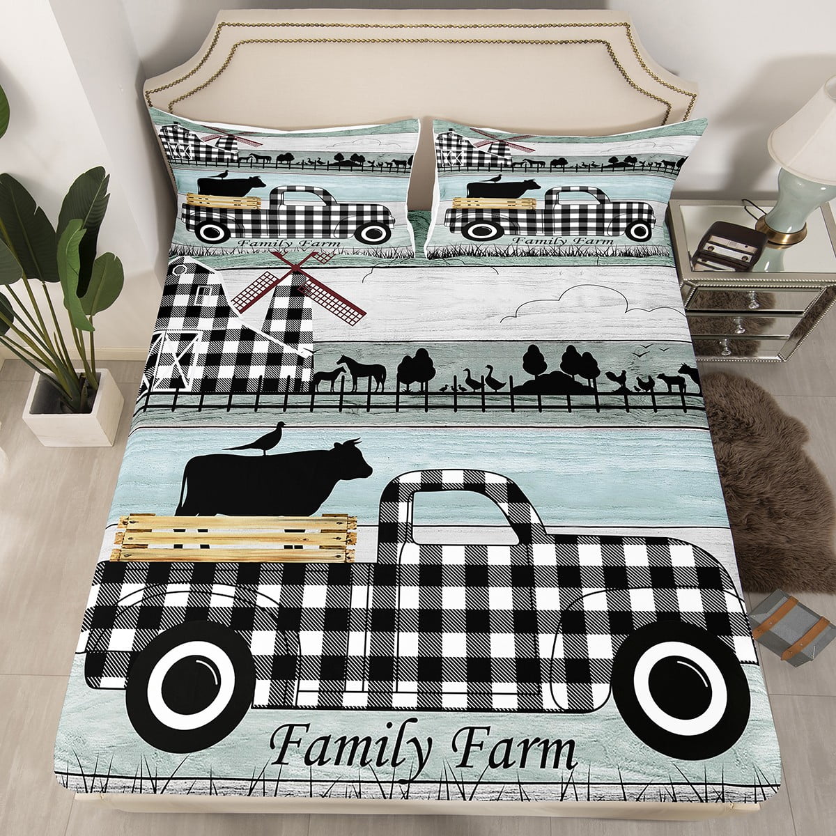 Windmill Decor Farmhouse Bed Sheets Farm Animals Milk Cow Fitted Sheet ...