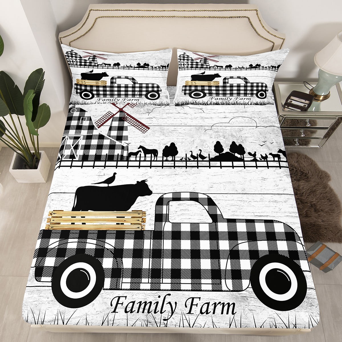 Windmill Decor Farmhouse Bed Sheets Farm Animals Milk Cow Fitted Sheet ...