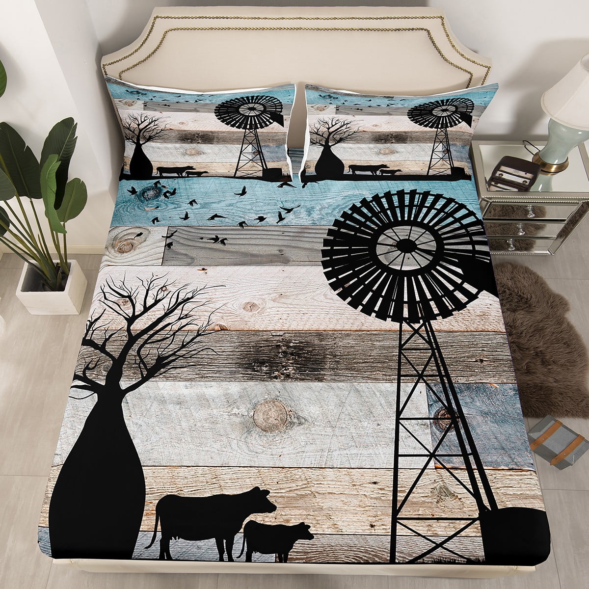 Windmill Decor Farmhouse Bed Sheets Farm Animals Sheets,Cattle Milk Cow ...