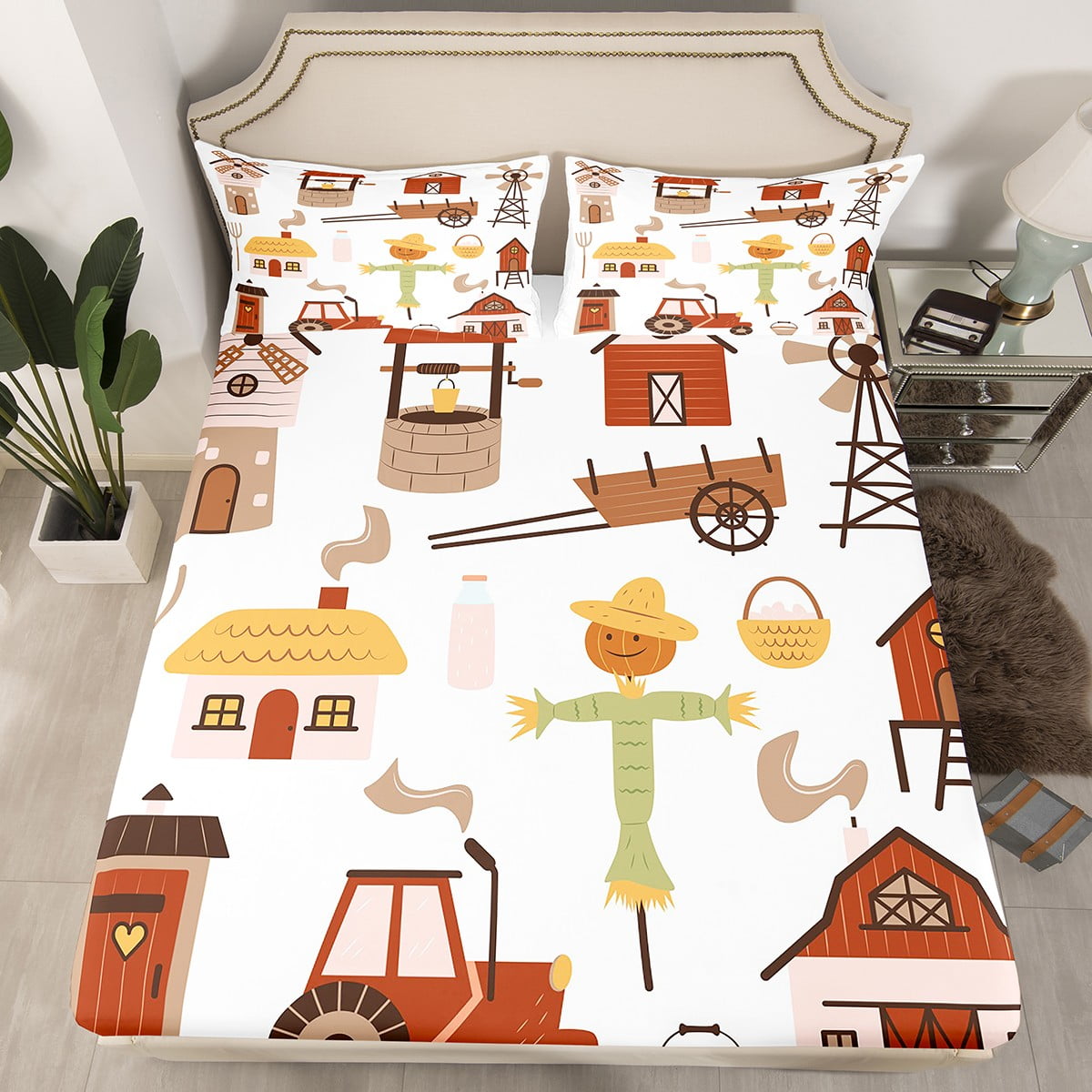 Windmill Decor Farmhouse Bed Sheets Farm Truck Bedding Set Red Barn ...