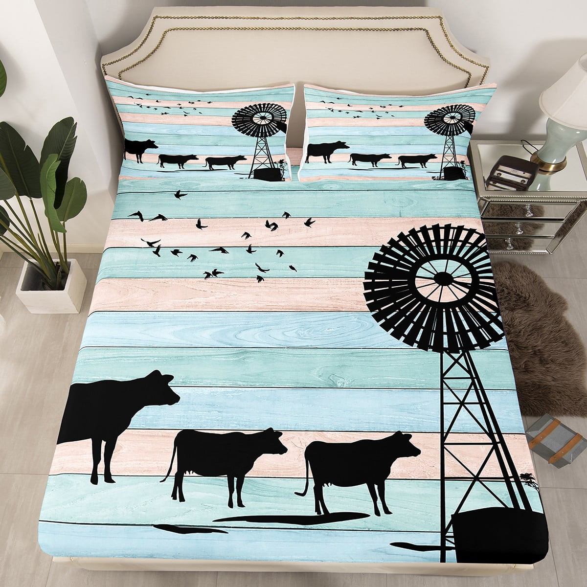 Windmill Decor Farmhouse Bed Sheets Milk Cow Sheets,Farm Animals Fitted ...