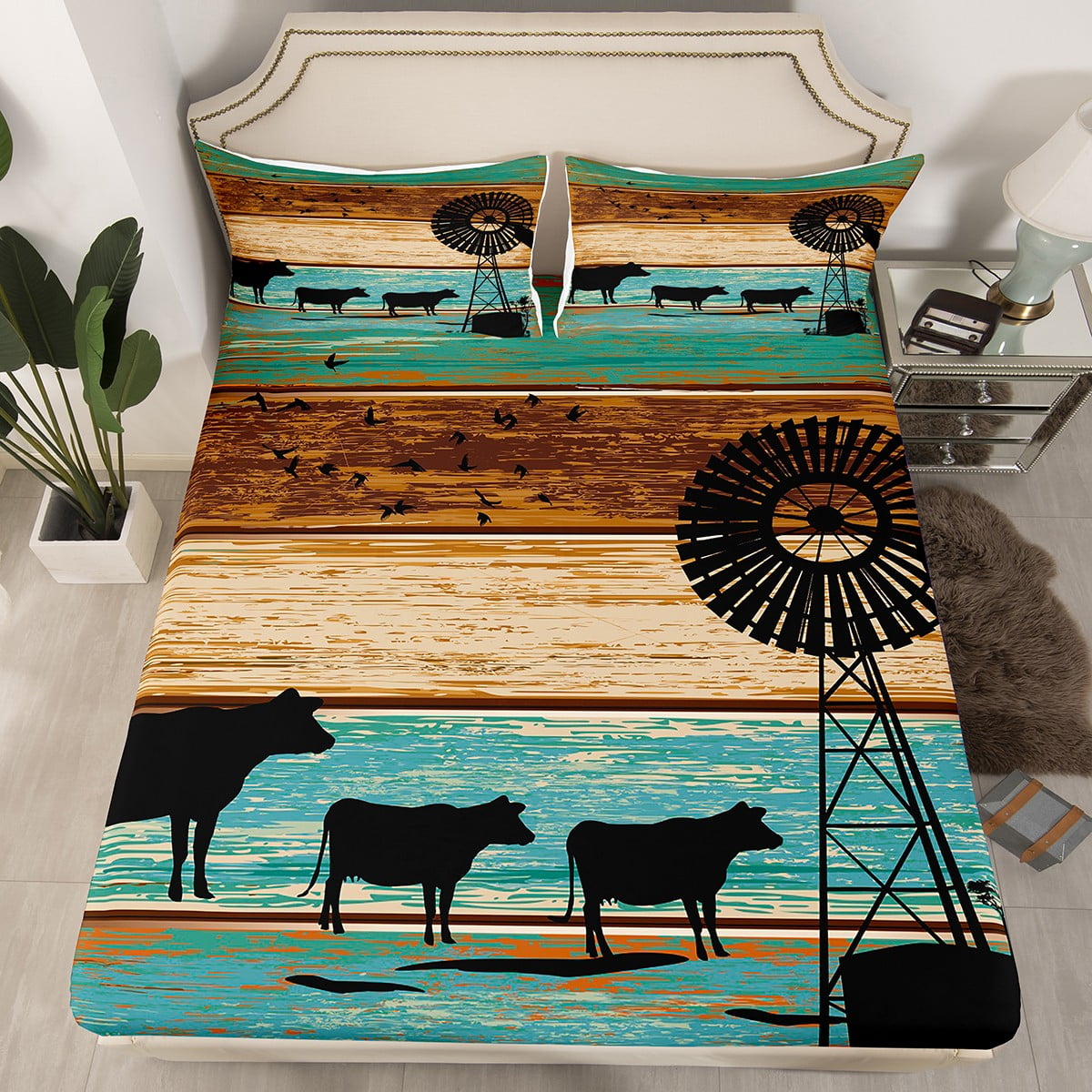 Windmill Decor Farmhouse Bed Sheets Milk Cow Sheets,Farm Animals Fitted ...