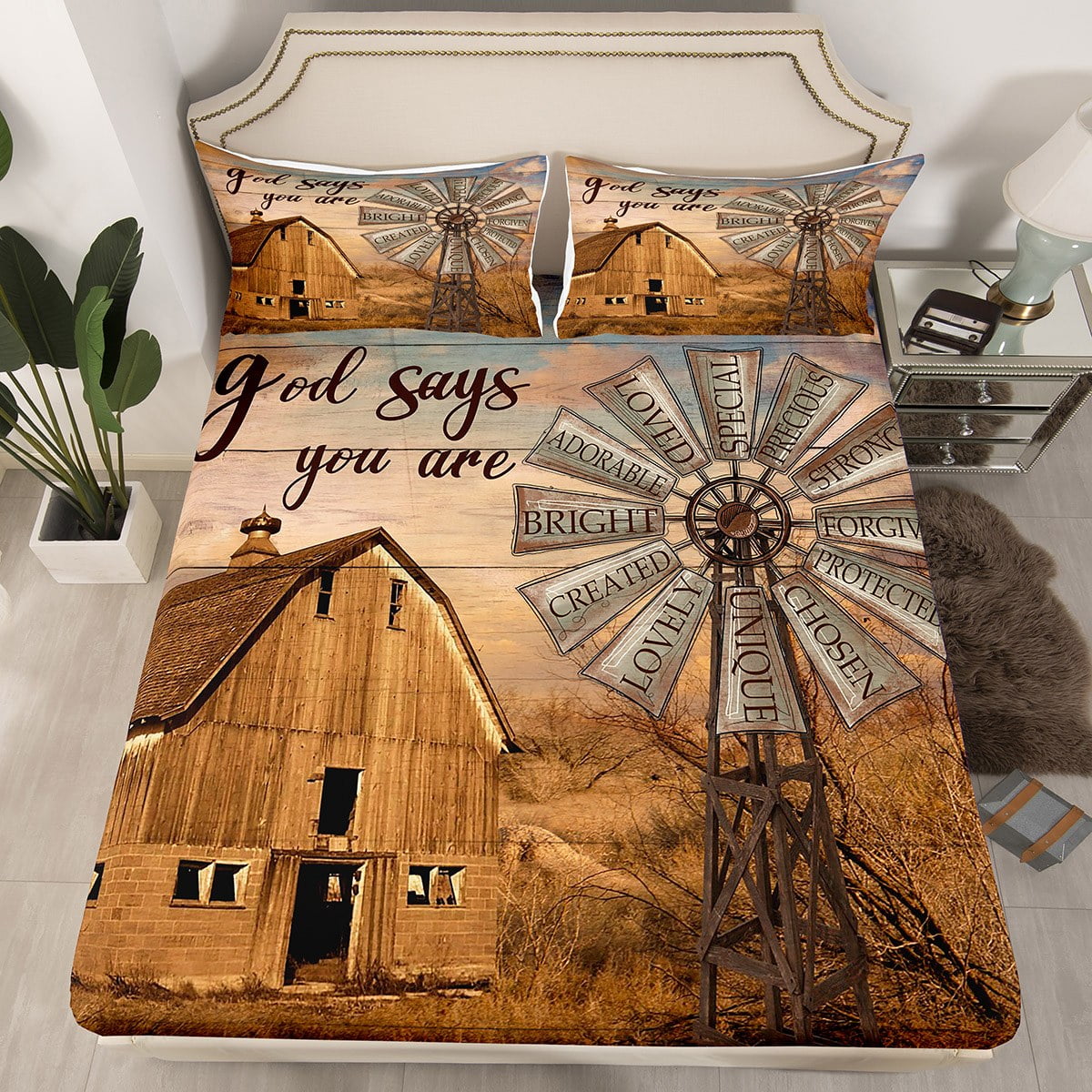 Windmill Decor Farmhouse Bed Sheets Twin,Inspirational Quotes Bedding ...