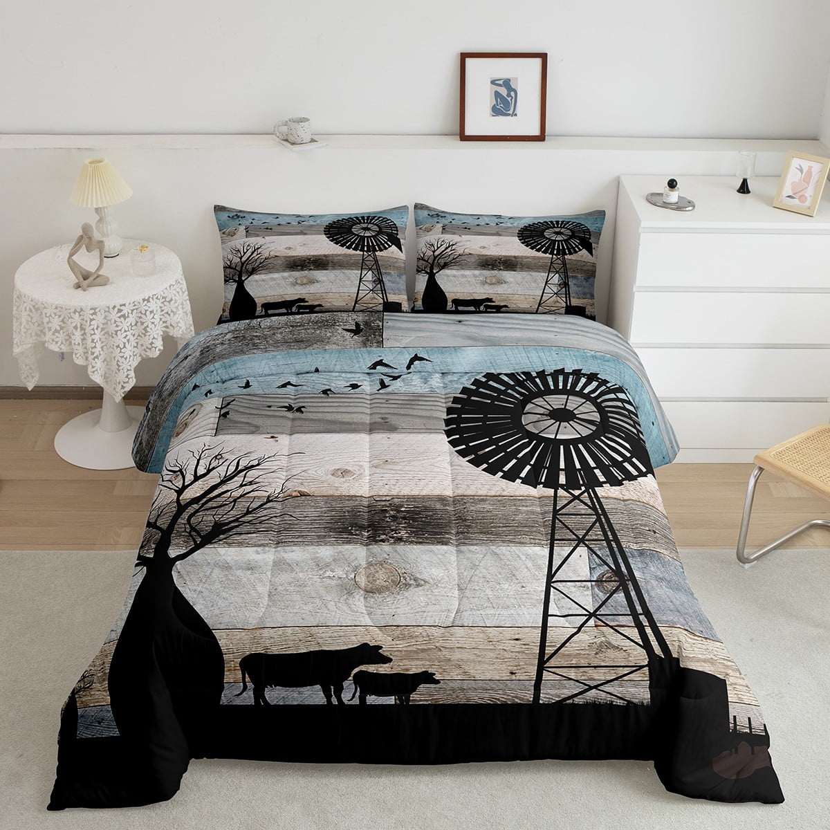 Windmill Decor Farmhouse Bedding Set Farm Animals Quilt,Cattle Milk Cow ...