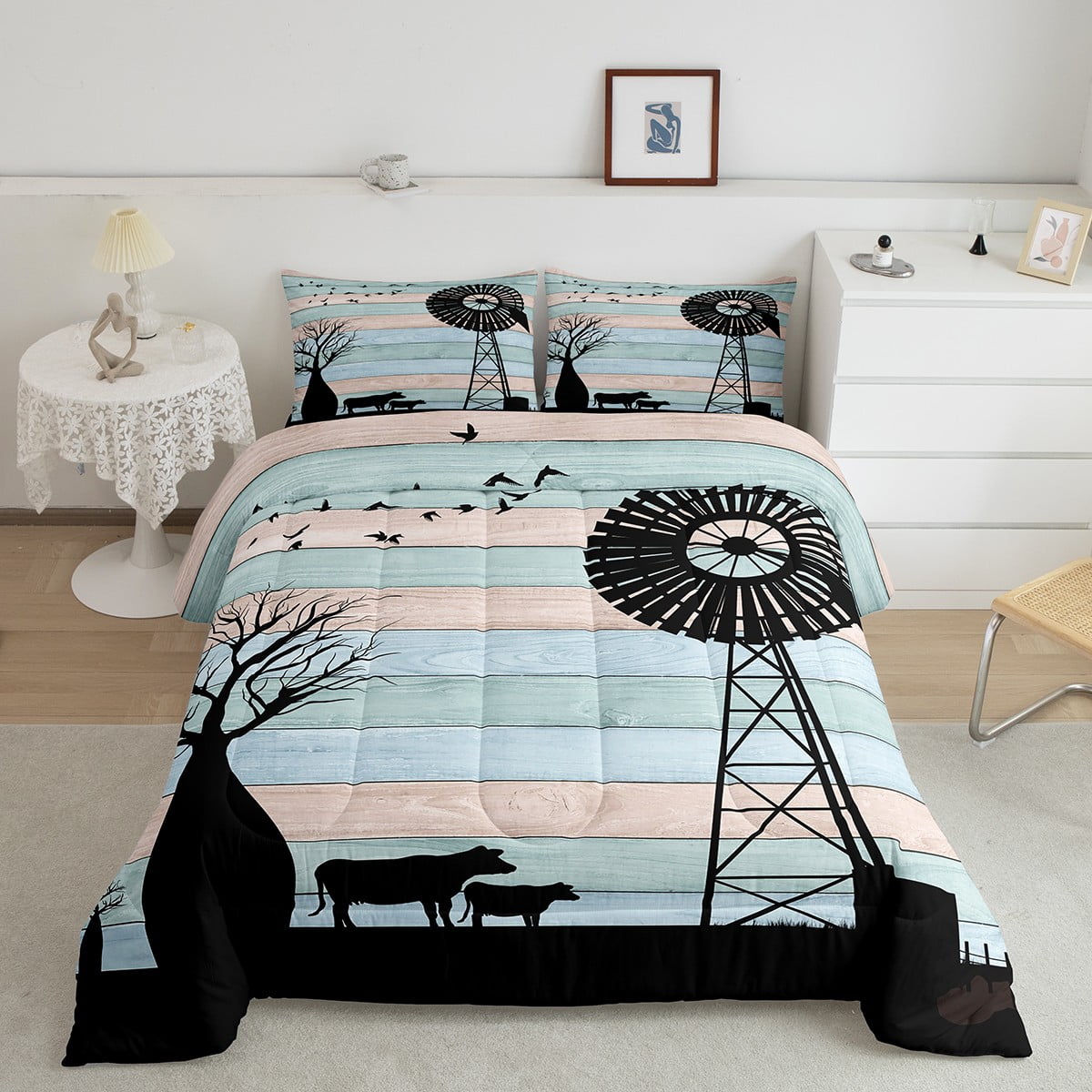 Windmill Decor Farmhouse Bedding Set Farm Animals Quilt,Cattle Milk Cow ...